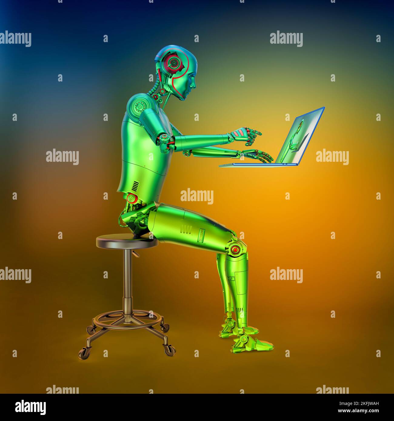 Humanoid robot working with laptop, conceptual illustration Stock Photo ...