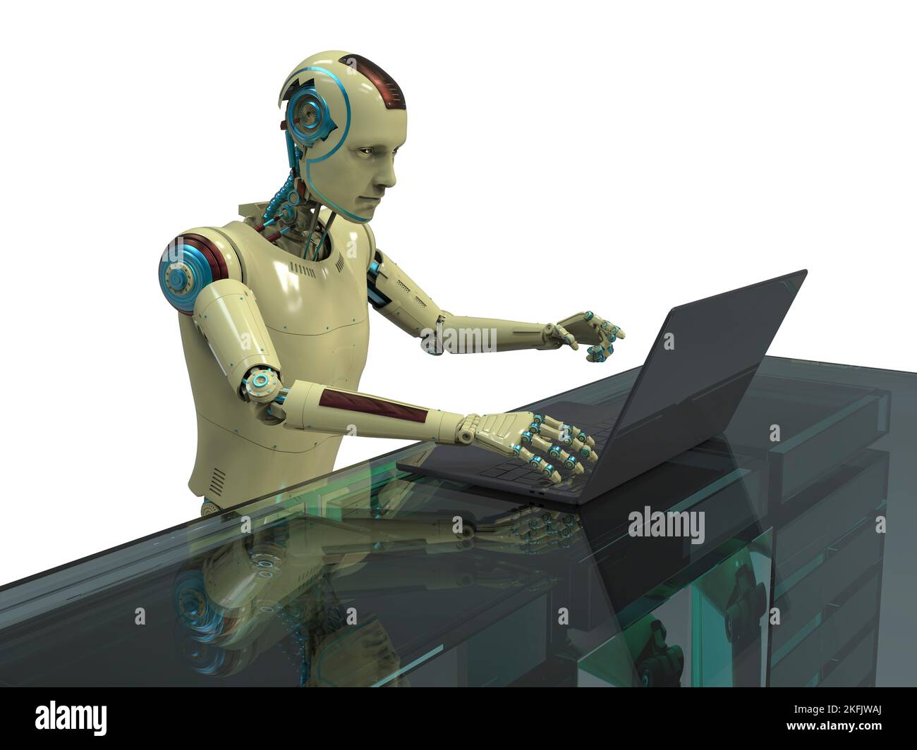 Humanoid robot working with laptop, conceptual illustration Stock Photo ...
