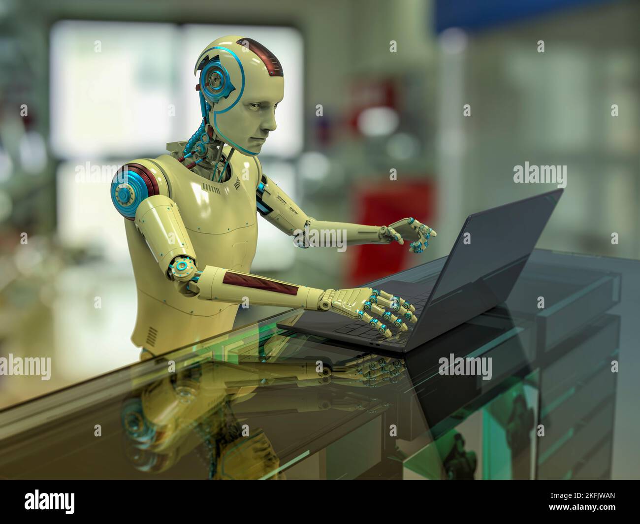 Humanoid robot working with laptop, conceptual illustration Stock Photo ...