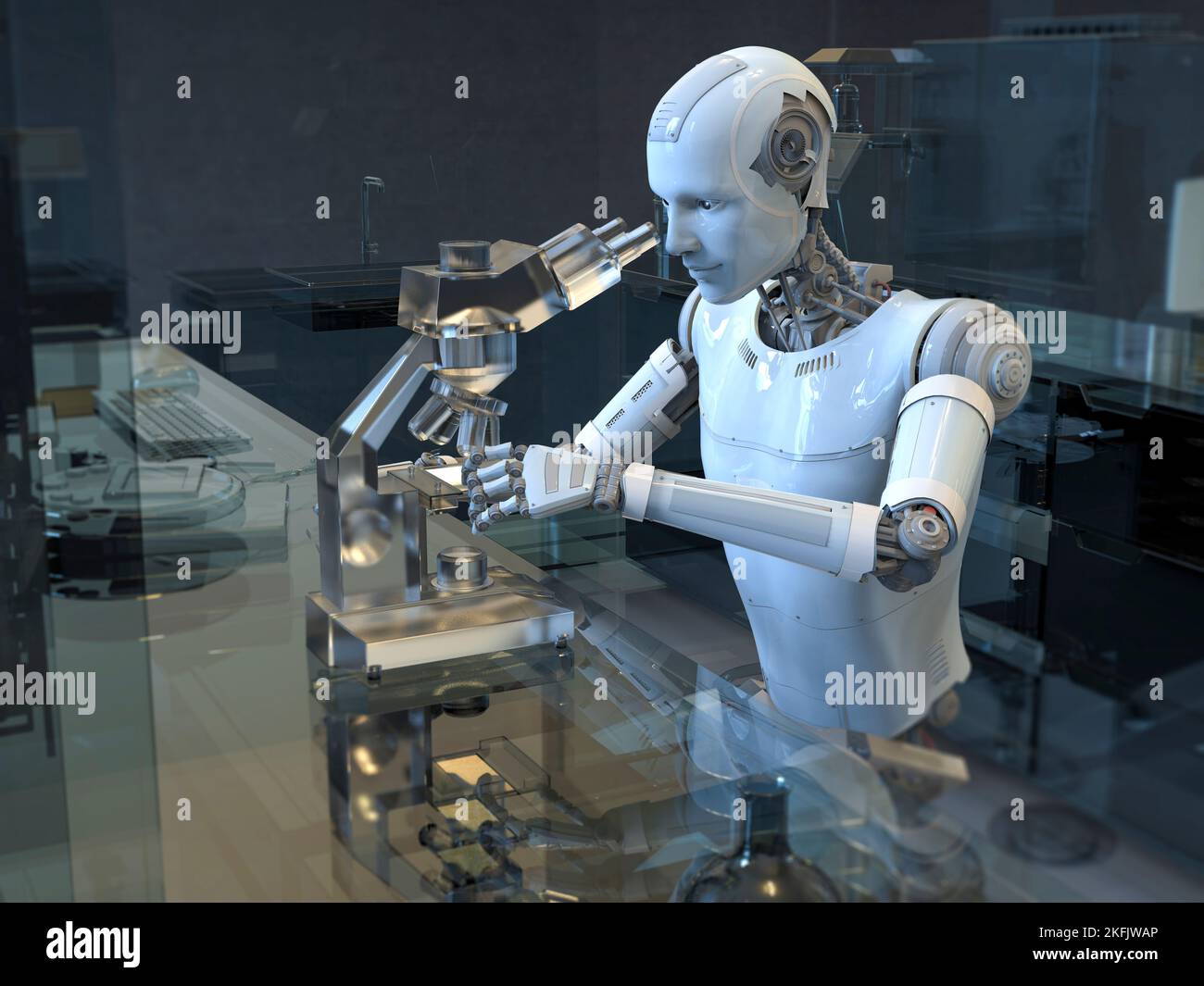 Humanoid robot working with microscope, illustration Stock Photo - Alamy