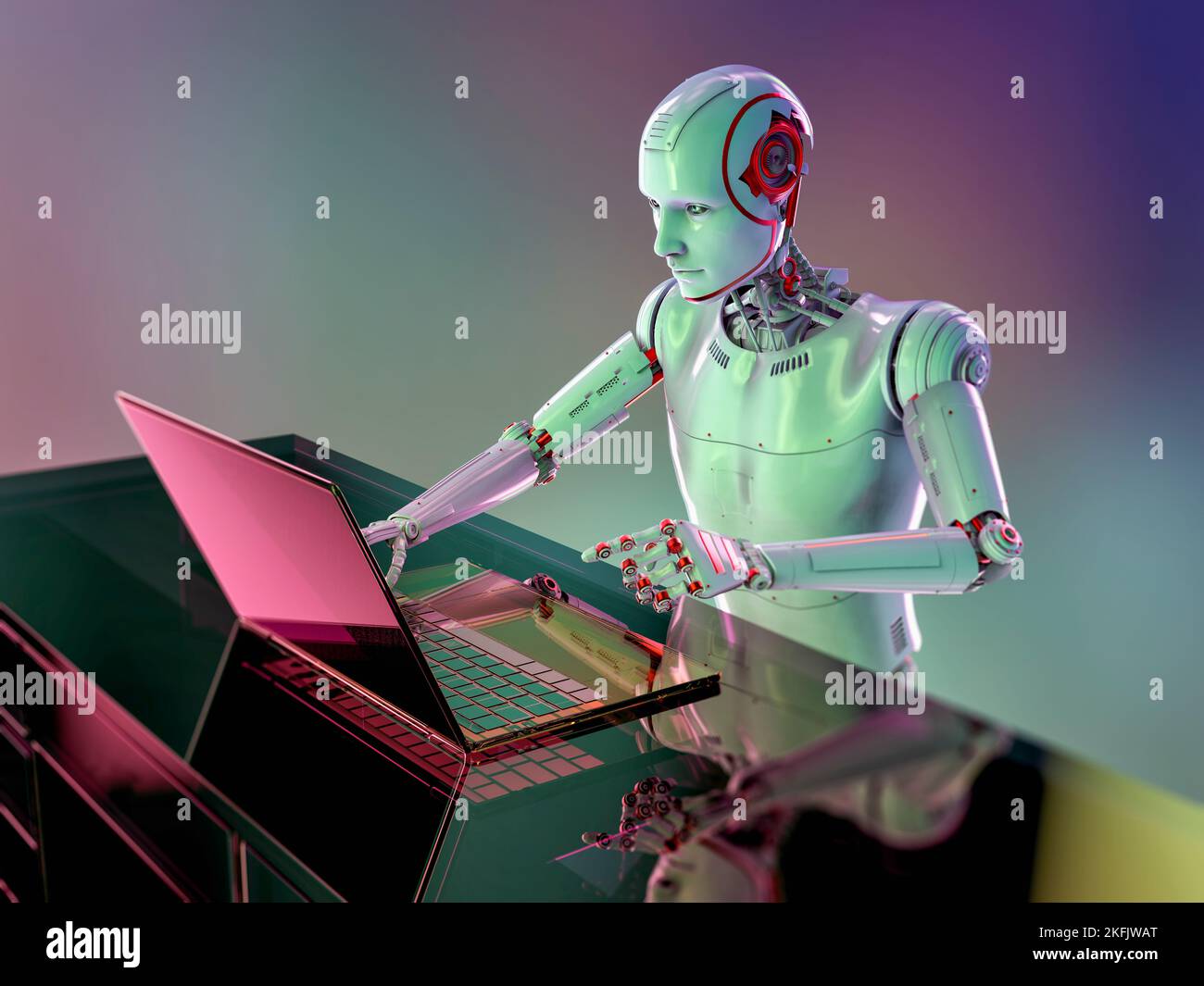 Humanoid robot working with laptop, conceptual illustration Stock Photo ...