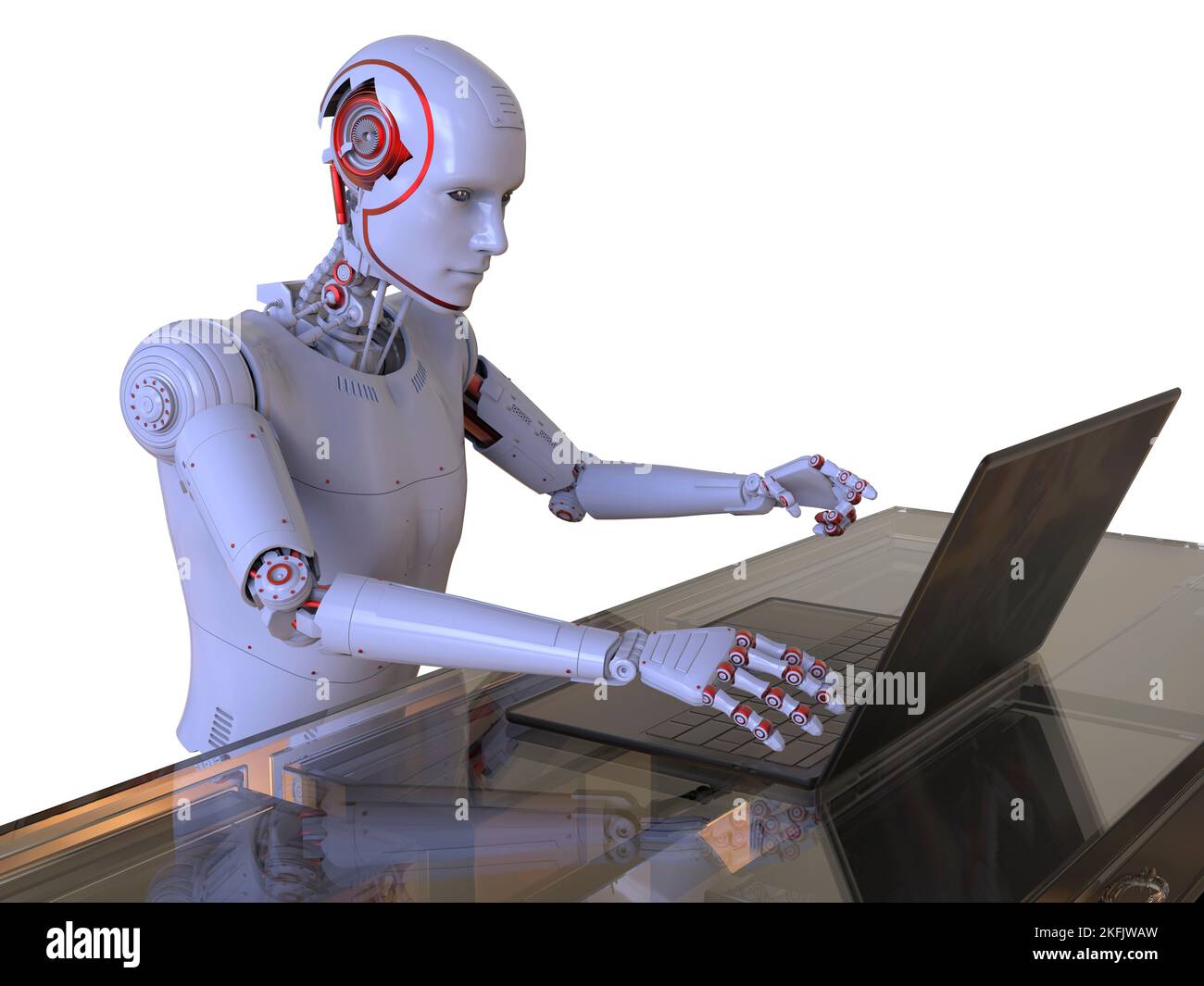 Humanoid robot working with laptop, conceptual illustration Stock Photo ...