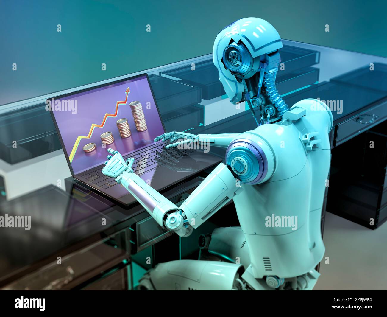 Humanoid robot working with laptop, conceptual illustration Stock Photo ...