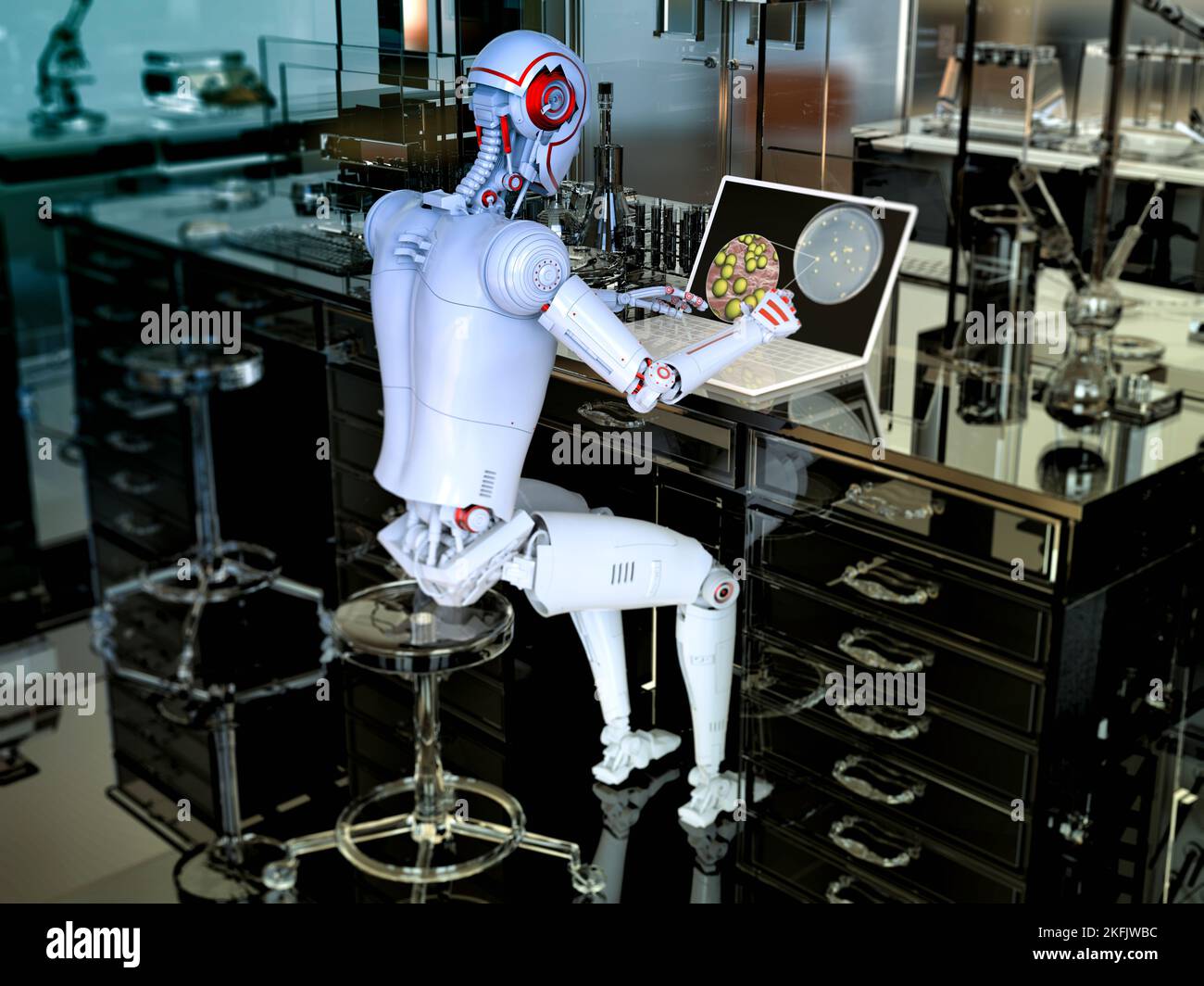 Humanoid robot working with laptop, conceptual illustration Stock Photo ...