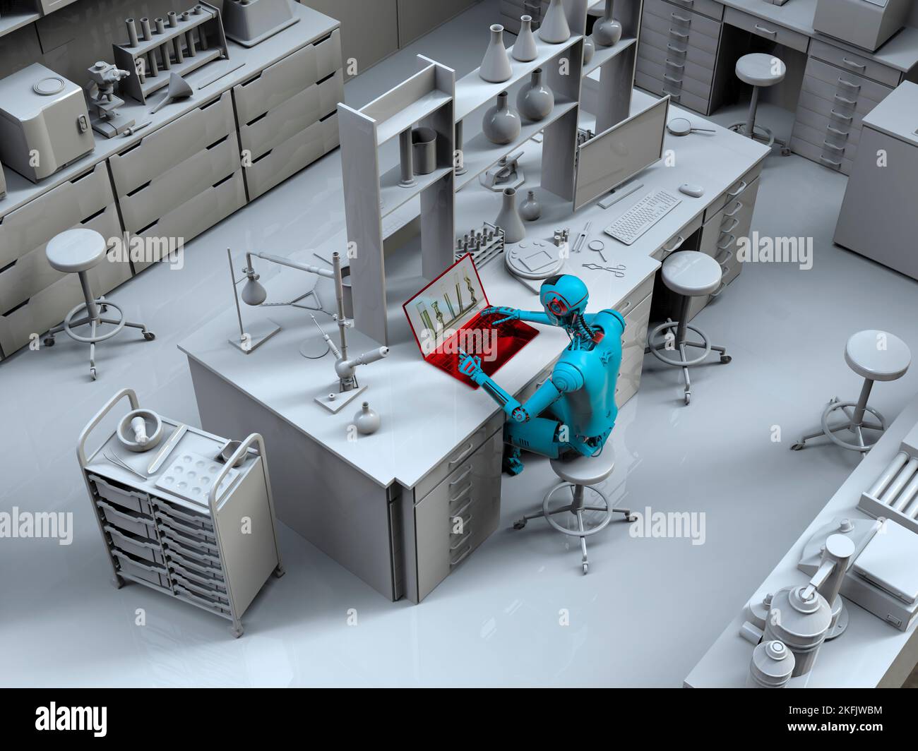 Humanoid robot working with laptop, conceptual illustration Stock Photo ...