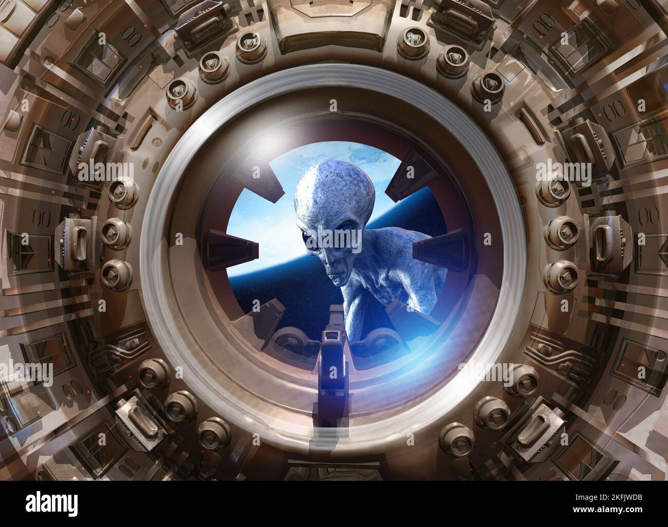 Alien looking through the window of spaceship, illustration Stock Photo ...