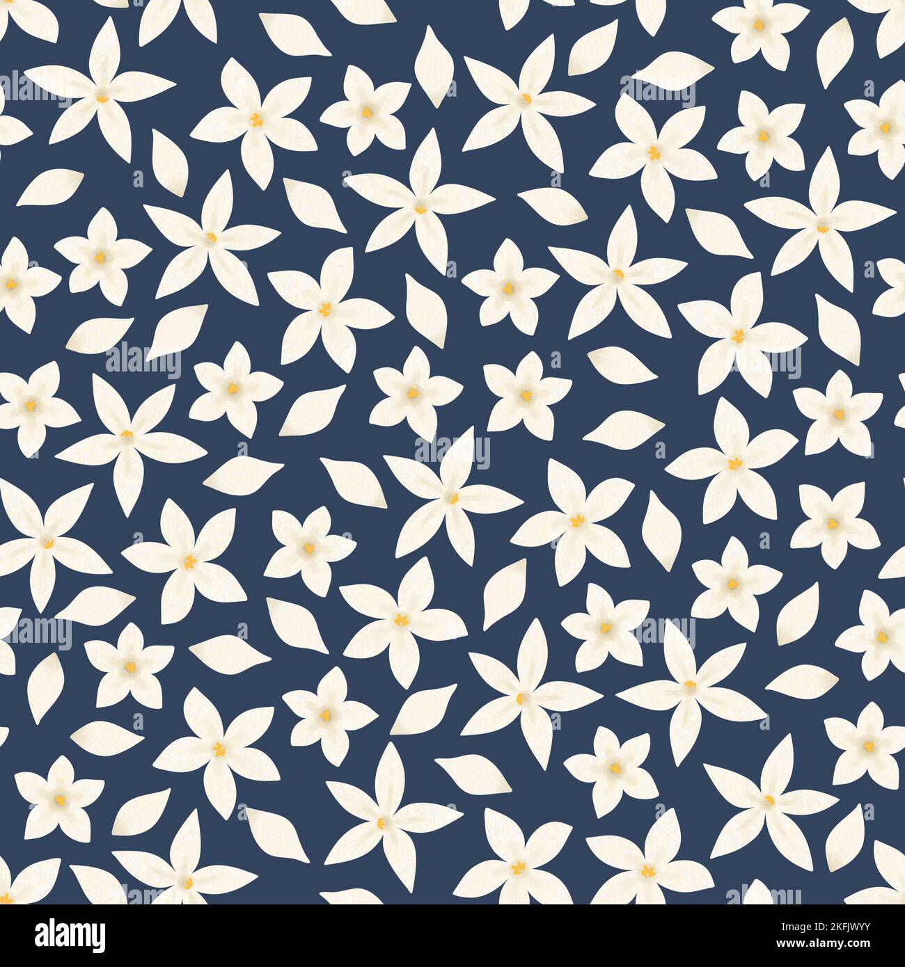 White jasmine flowers and petals on dark blue background. Seamless ...