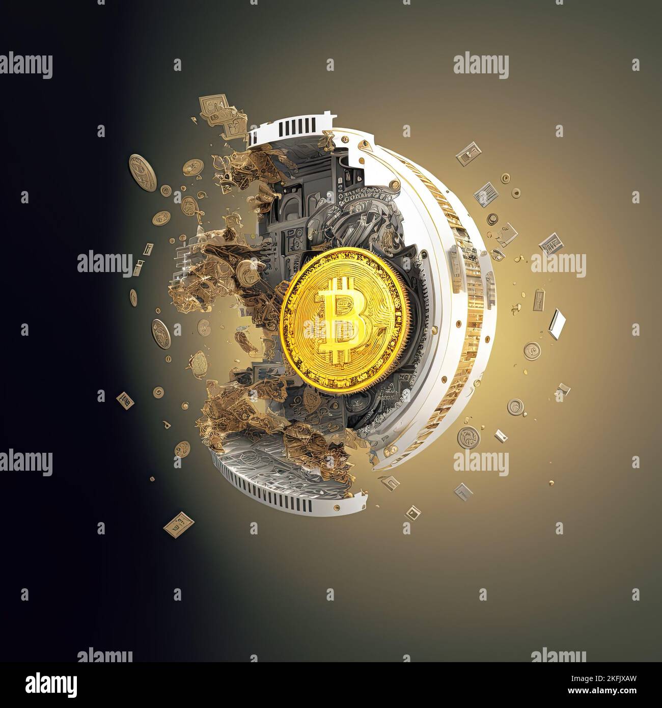 Bitcoin explodes as a clock, spreading broken pieces and gears. Concept ...