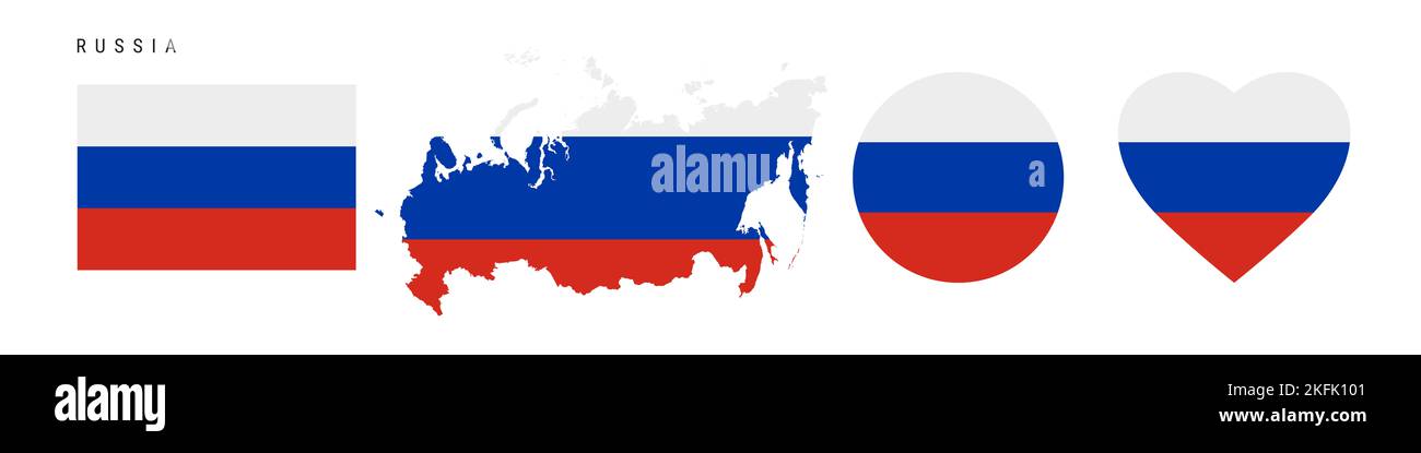 Russia flag icon set. Russian pennant in official colors and proportions. Rectangular, map ...