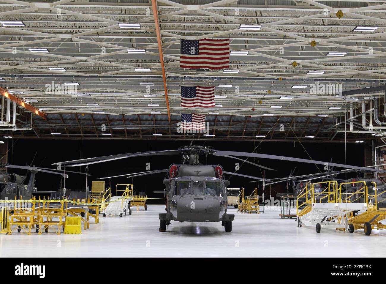 A UH-60 Black Hawk helicopter sits in Army Aviation Support Facility #1 ...