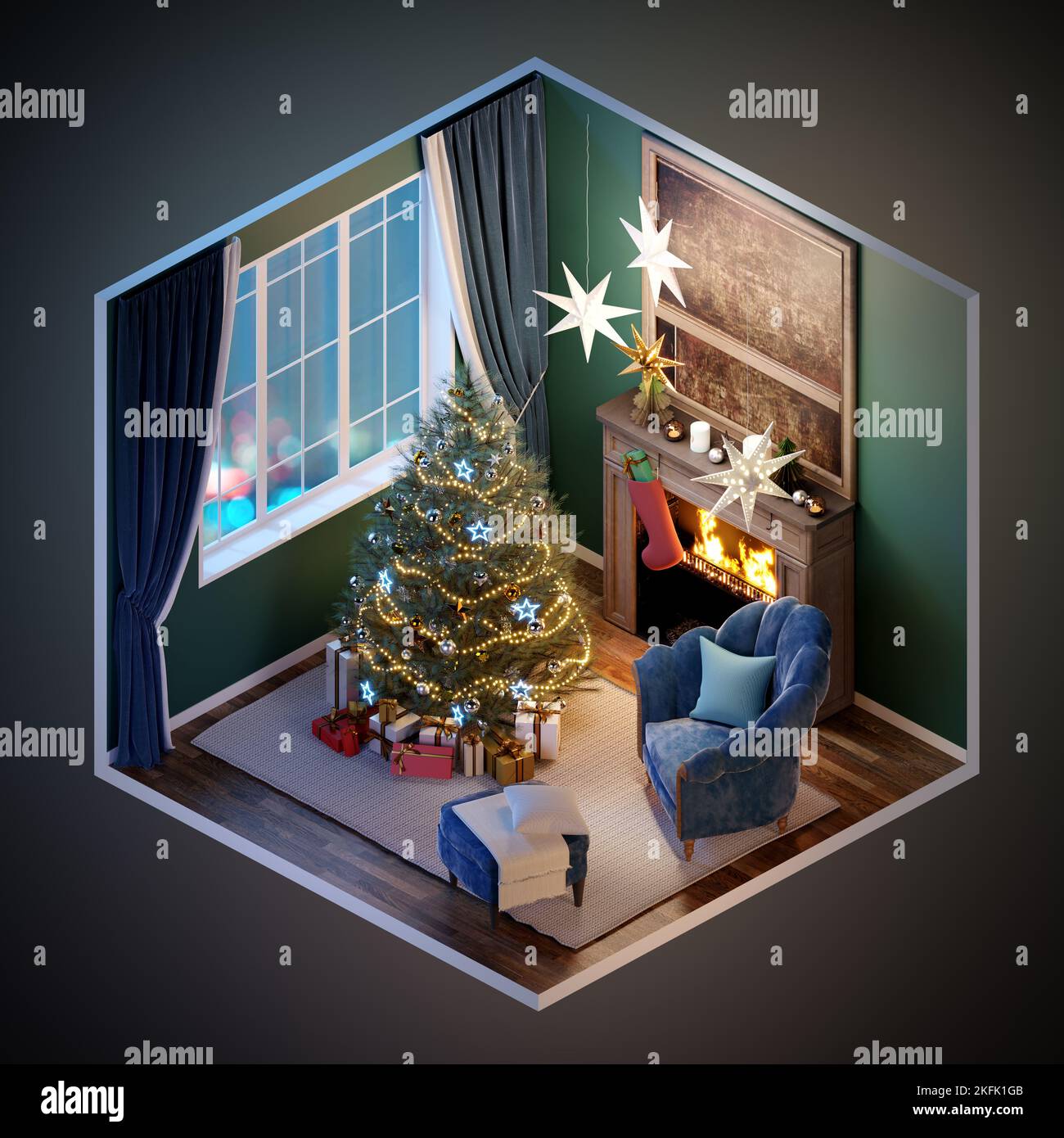 Christmas living room for warm evenings with Christmas tree, chandelier ...