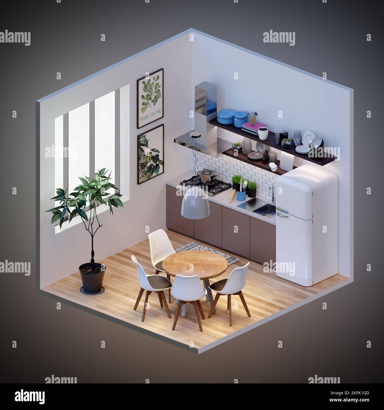 Cozy family kitchen with dining table, refrigerator, kitchen utensils ...