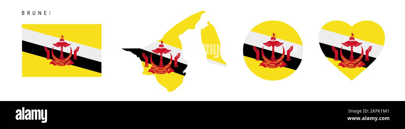 Brunei flag icon set. Bruneian pennant in official colors and proportions. Rectangular, map ...