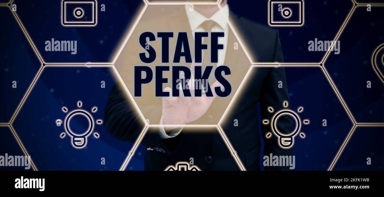 Text caption presenting Staff Perks. Word for Workers Benefits Bonuses ...