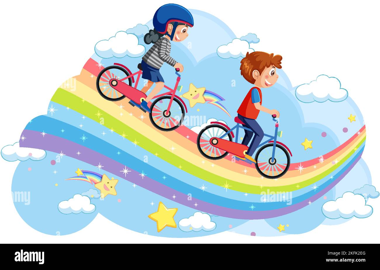 Children riding bicycle on rainbow illustration Stock Vector Image ...