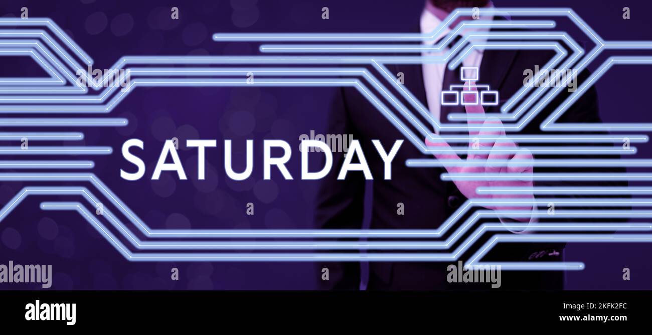 Hand writing sign Saturday. Business idea First day of the weekend ...