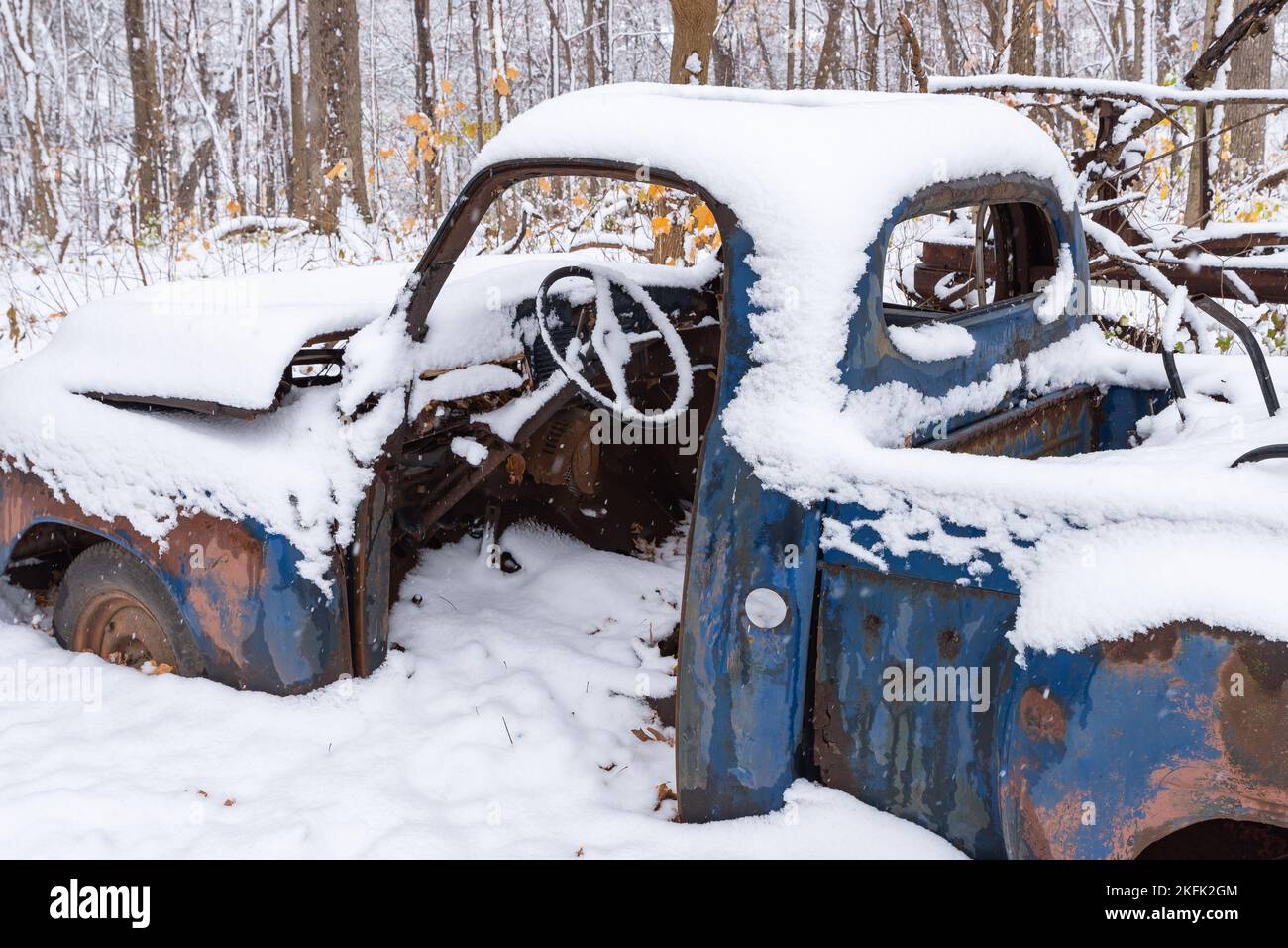 Old rusted truck in the woods on a snowy morning Stock Photo - Alamy