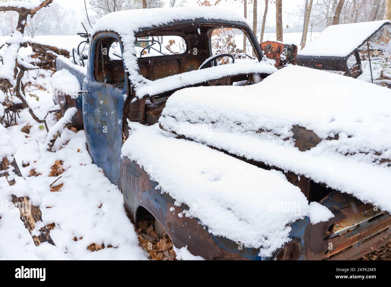 Old rusted truck in the woods on a snowy morning Stock Photo - Alamy