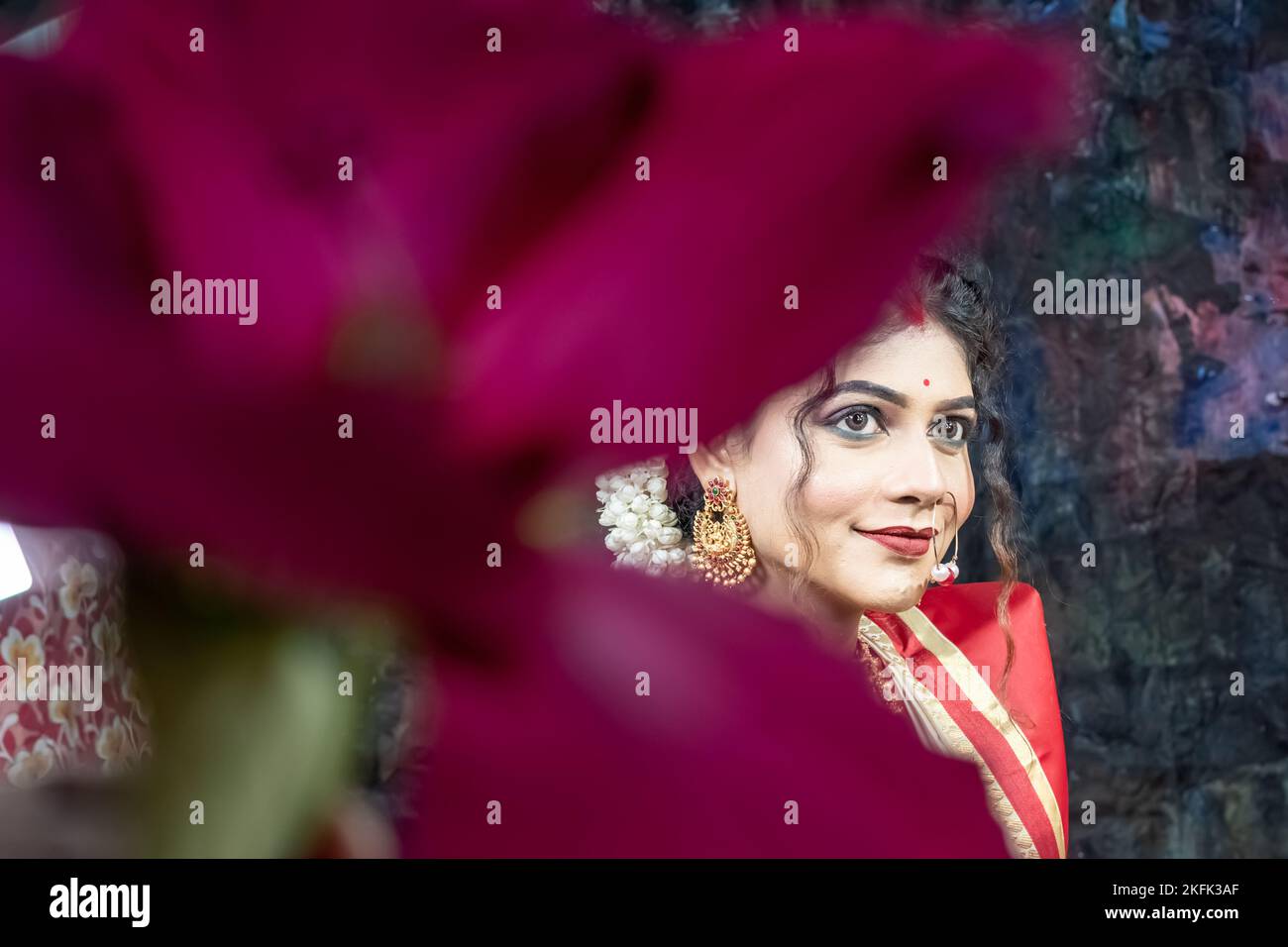 A beautiful woman playing sindur khela on the occasion of vijya dashmi ...