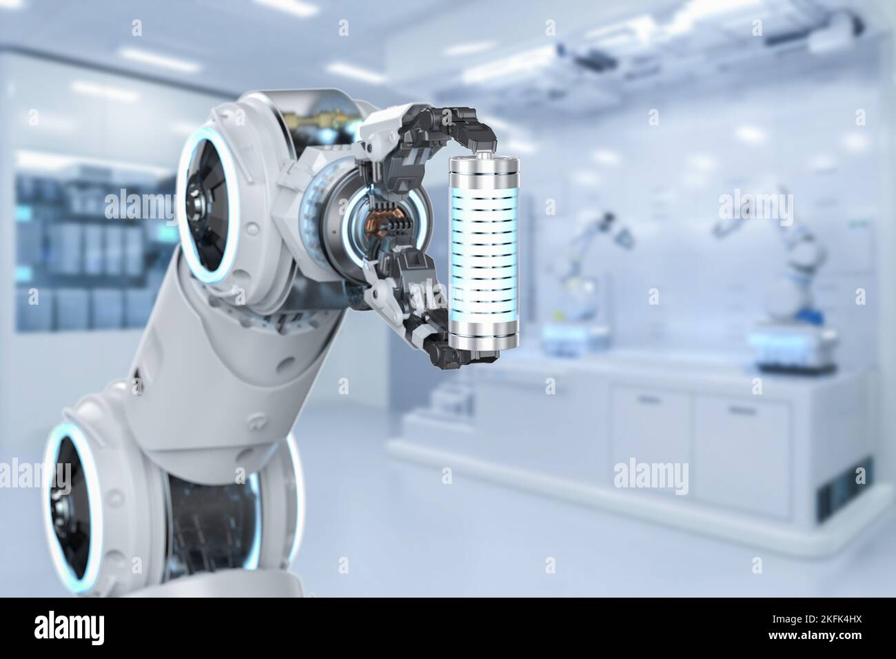 Battery research and development with 3d rendering robot hand hold li-ion or rechargeable ...