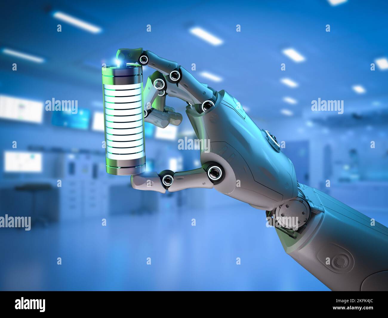 Battery research and development with 3d rendering robot hand hold li ...