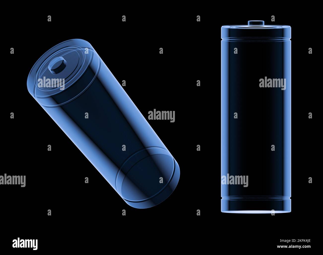 3d rendering x-ray alkaline or rechargeable batteries isolated on black ...