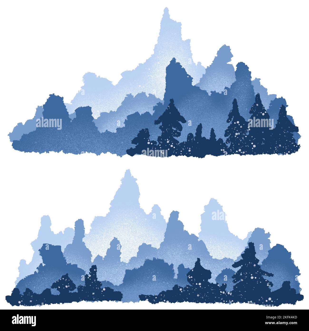 Hand drawn illustration of blue forest mountain. Winter pine fir tree ...