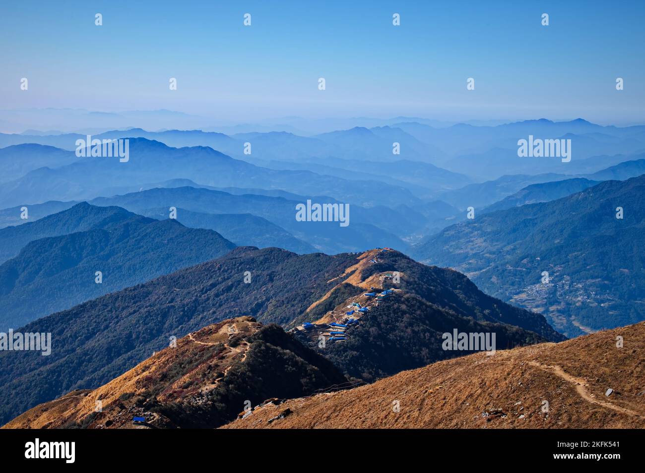 Aerial view of ridge in Annapurna massif with mountain huts, Nepal ...