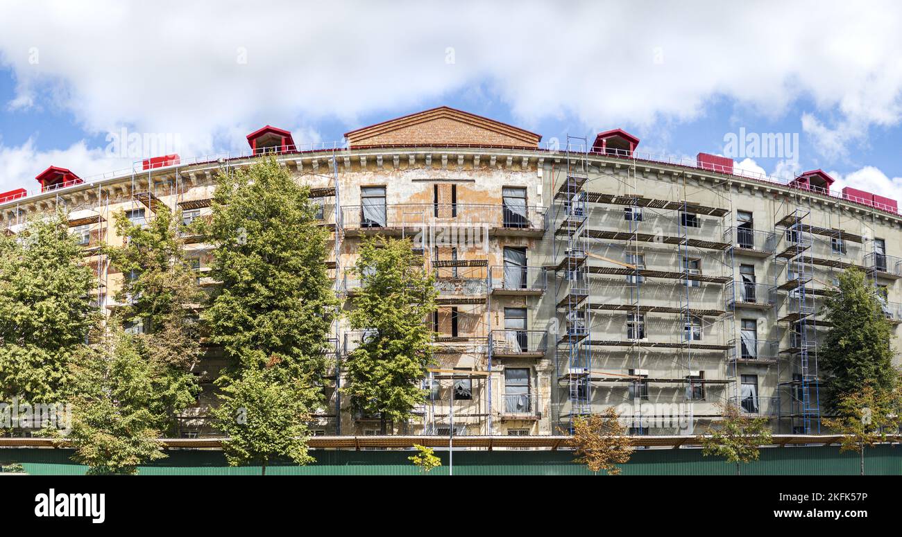 residential building renovation. restoration of an old building facade ...