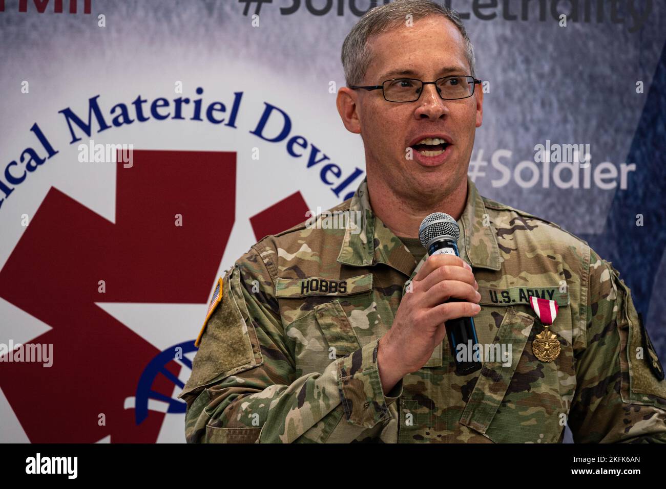 Lt. Col. Stuart Hobbs speaks after receiving the Meritorious Service ...