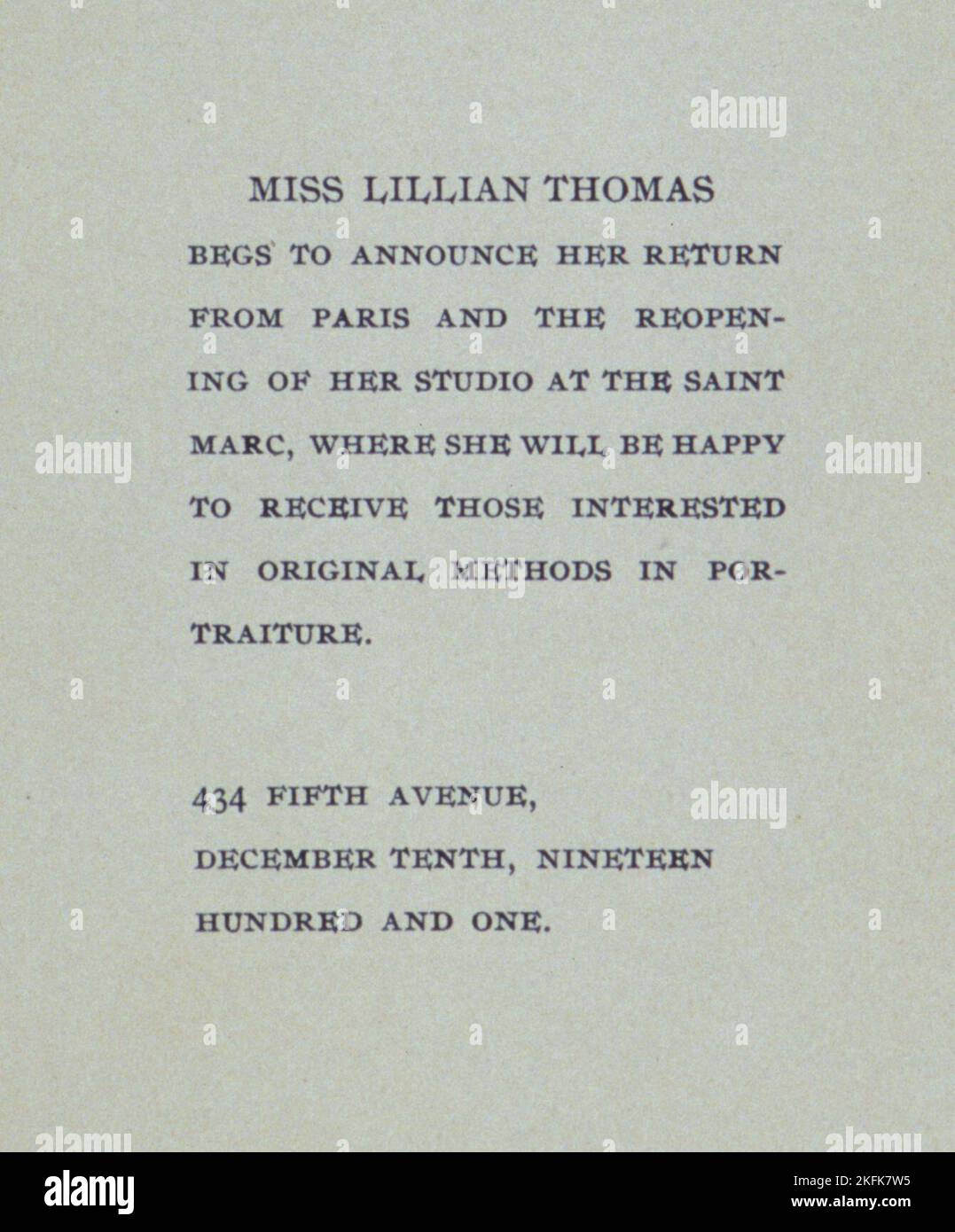 Miss Lillian Thomas begs to announce her return from Paris . . ., c1900 ...
