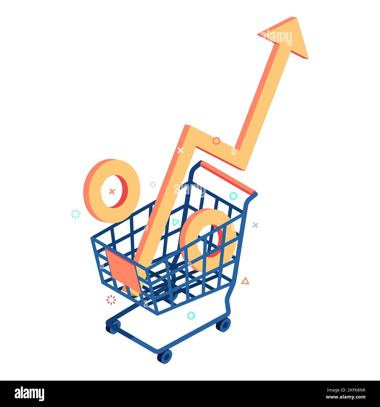 Flat 3d Isometric Shopping Cart with Rising Percent Symbol. Food Prices ...