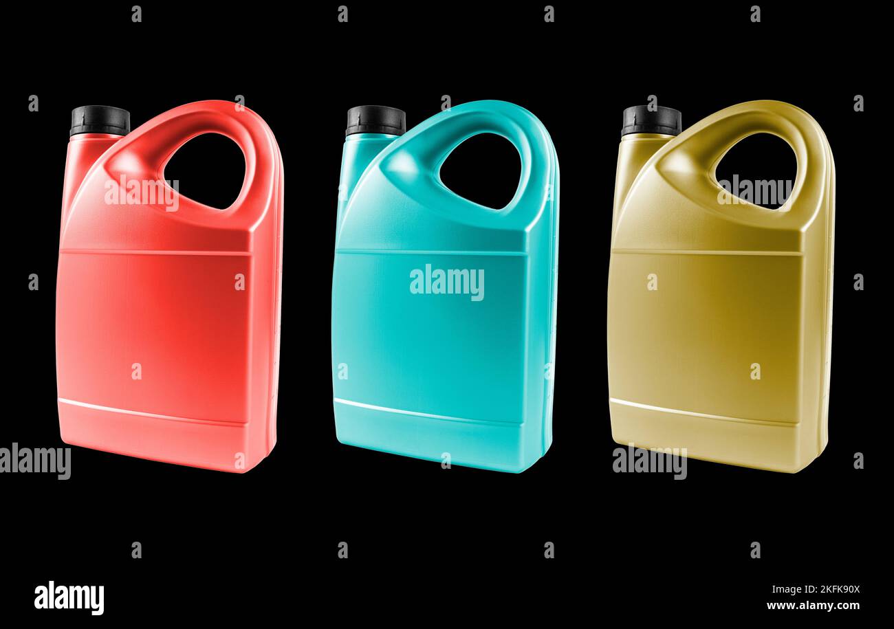 Three new plastic oil canister isolated on black background. Storage ...