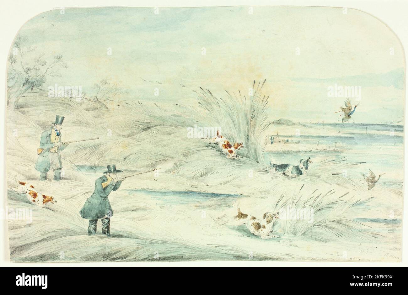 Hunt Crossing Stream Shooting Ducks, c. 1888. Attributed to Henry Alken ...