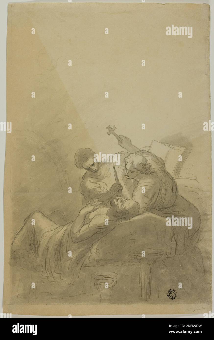 Dying Man Attended By Two Figures Holding Candle, Book and Cross, n.d ...