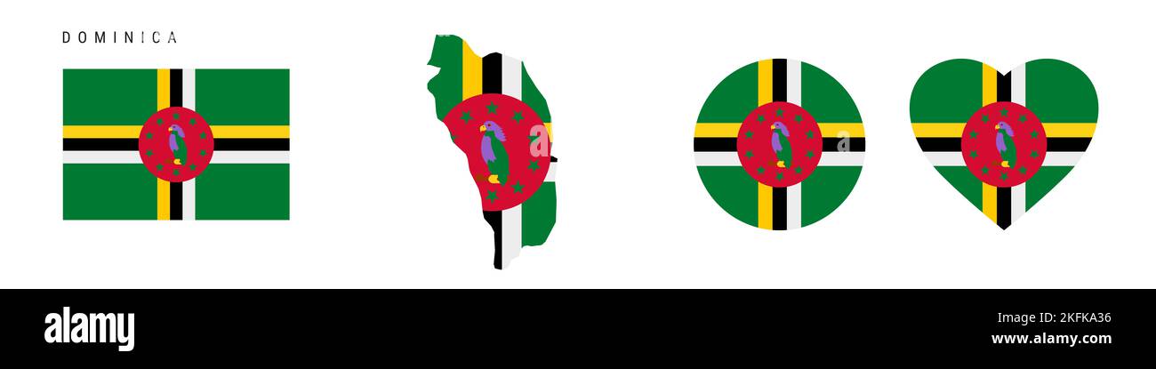 Dominica flag icon set. Dominican pennant in official colors and proportions. Rectangular, map ...