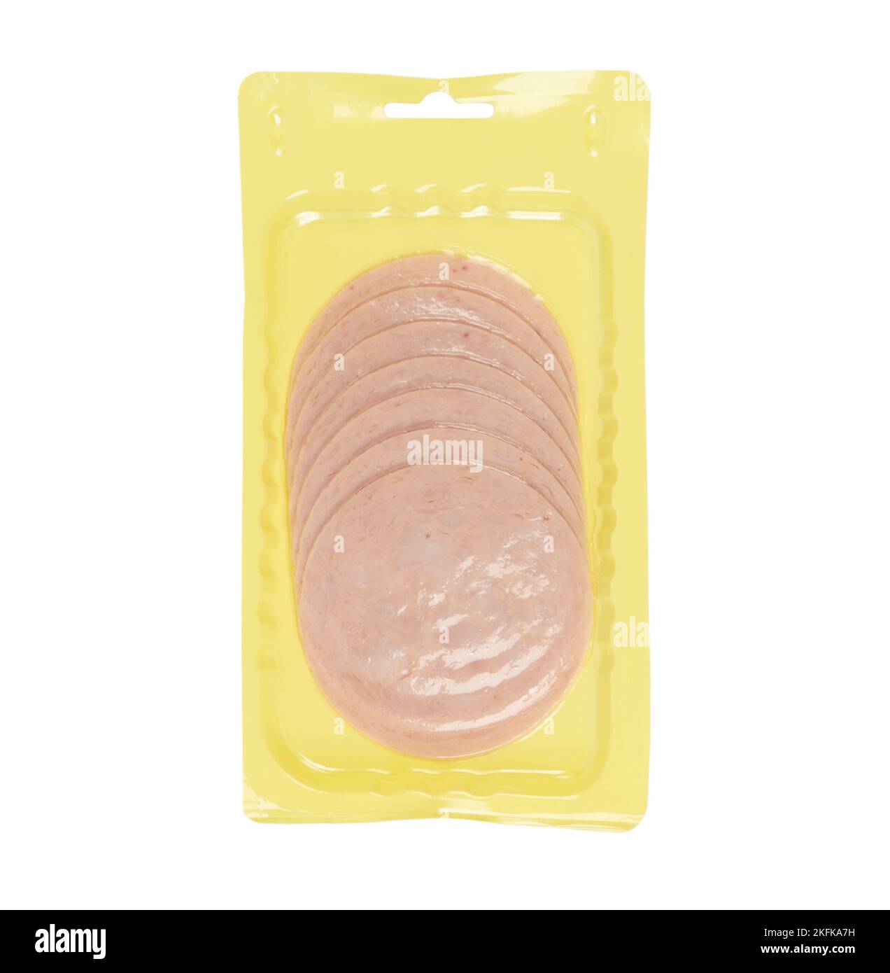 Front view of sliced smoked meat ham in vacuum package isolated on ...