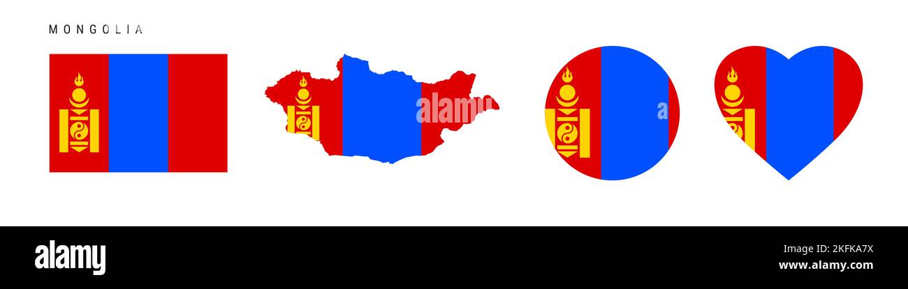 Mongolia flag icon set. Mongolian pennant in official colors and proportions. Rectangular, map ...
