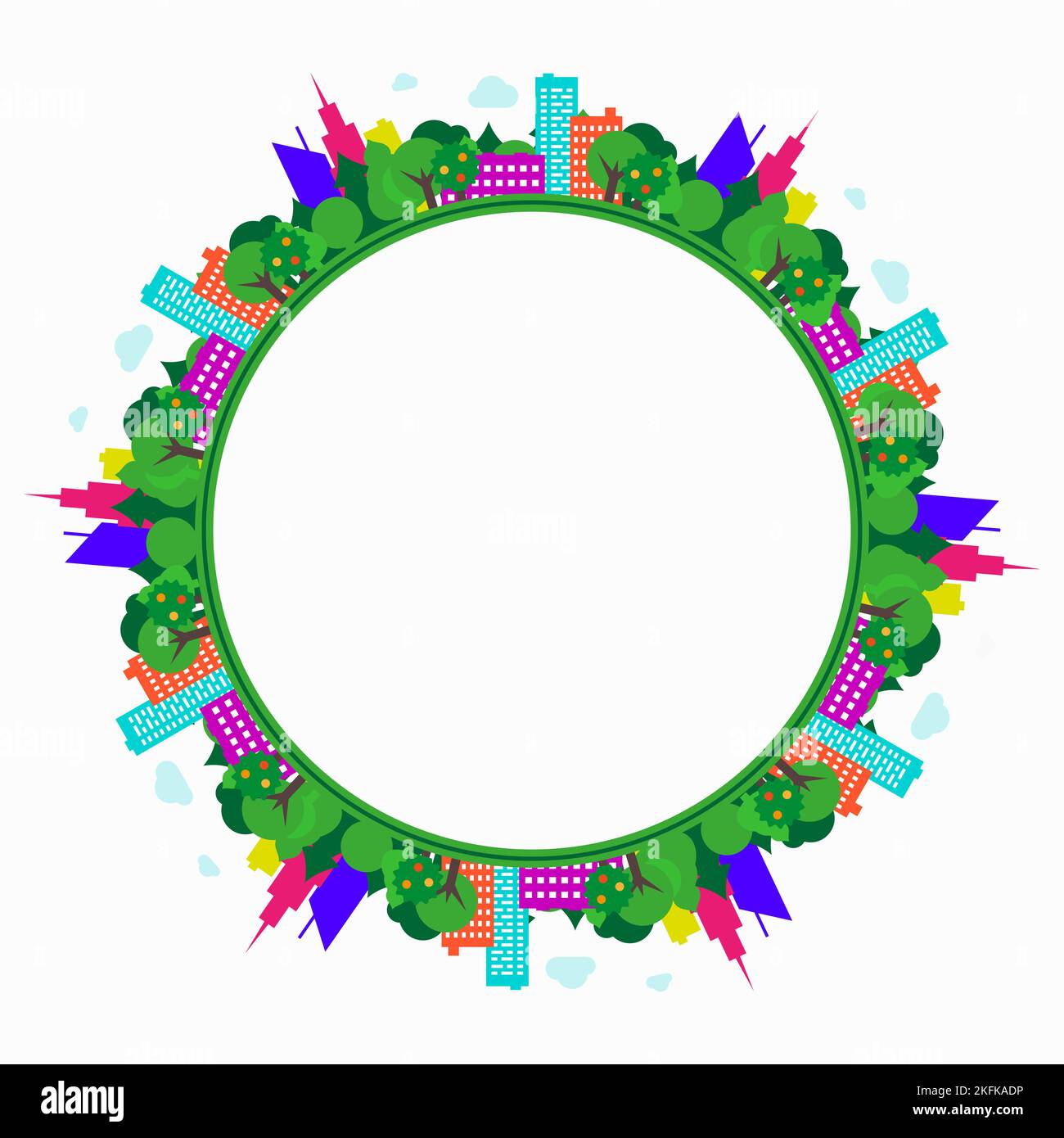 Green city background, round frame. Environmental and ecology concept ...