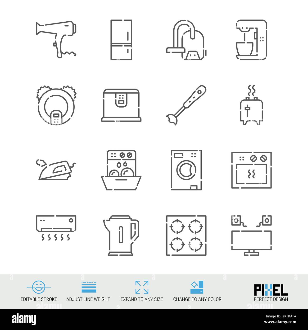 Household, appliances related line icon set isolated on white. Pixel ...