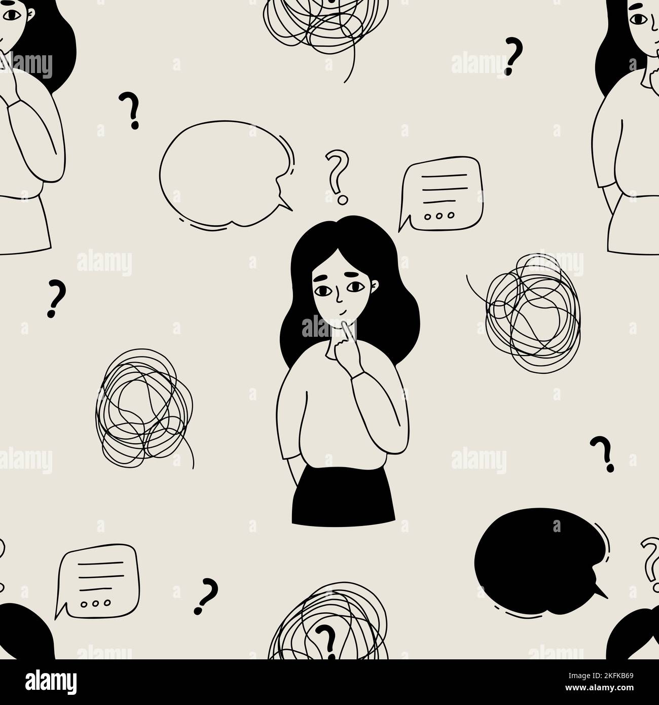 Seamless pattern with portrait of pensive girl with text bubbles ...