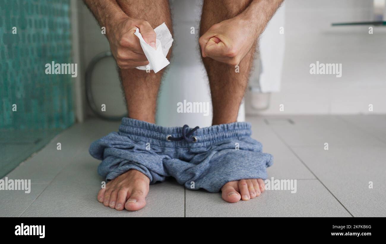 Man Constipation And Diarrhea. Sitting In Toilet Bathroom Stock Photo ...