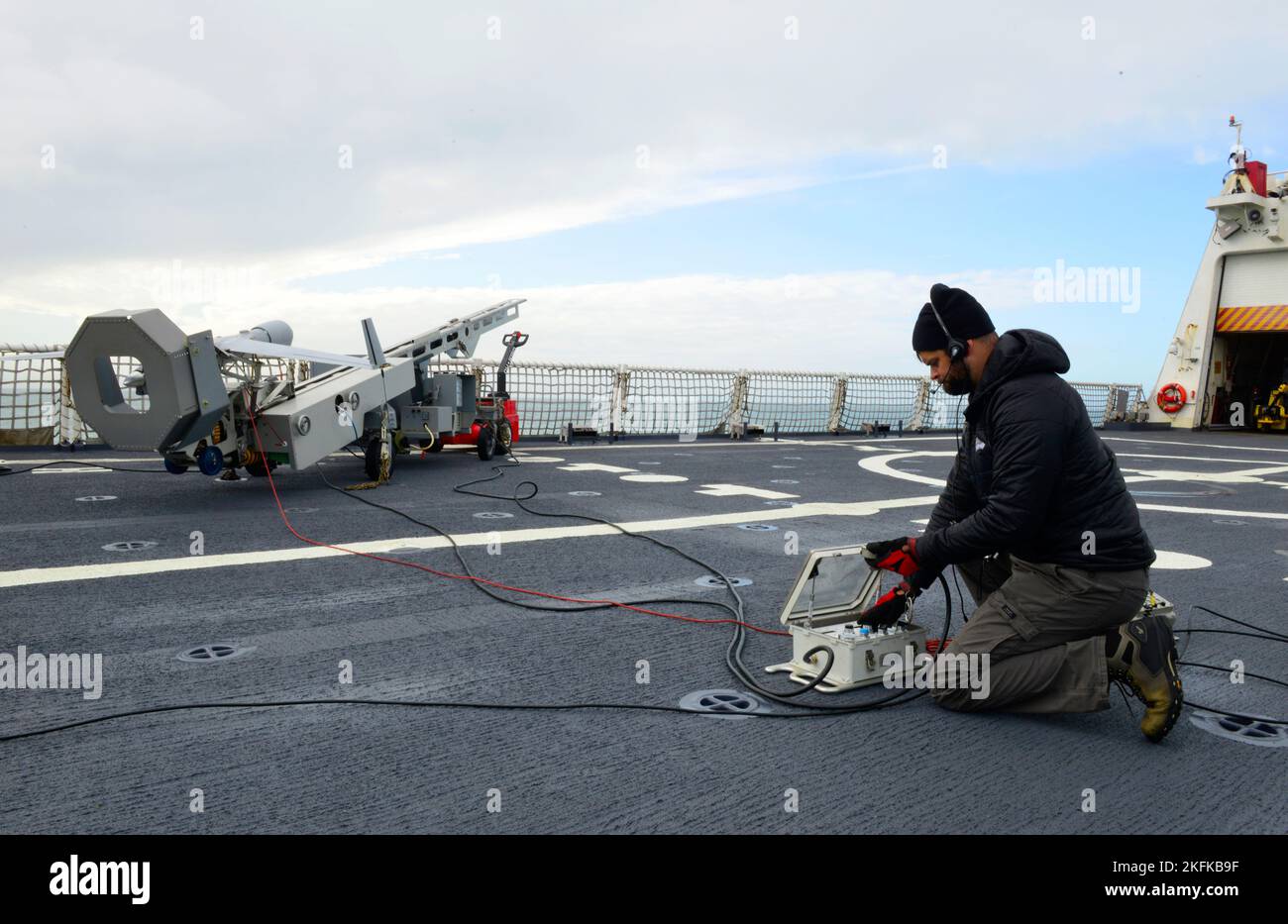Nick Deem, a ScanEagle unmanned aerial system (UAS) team member aboard ...
