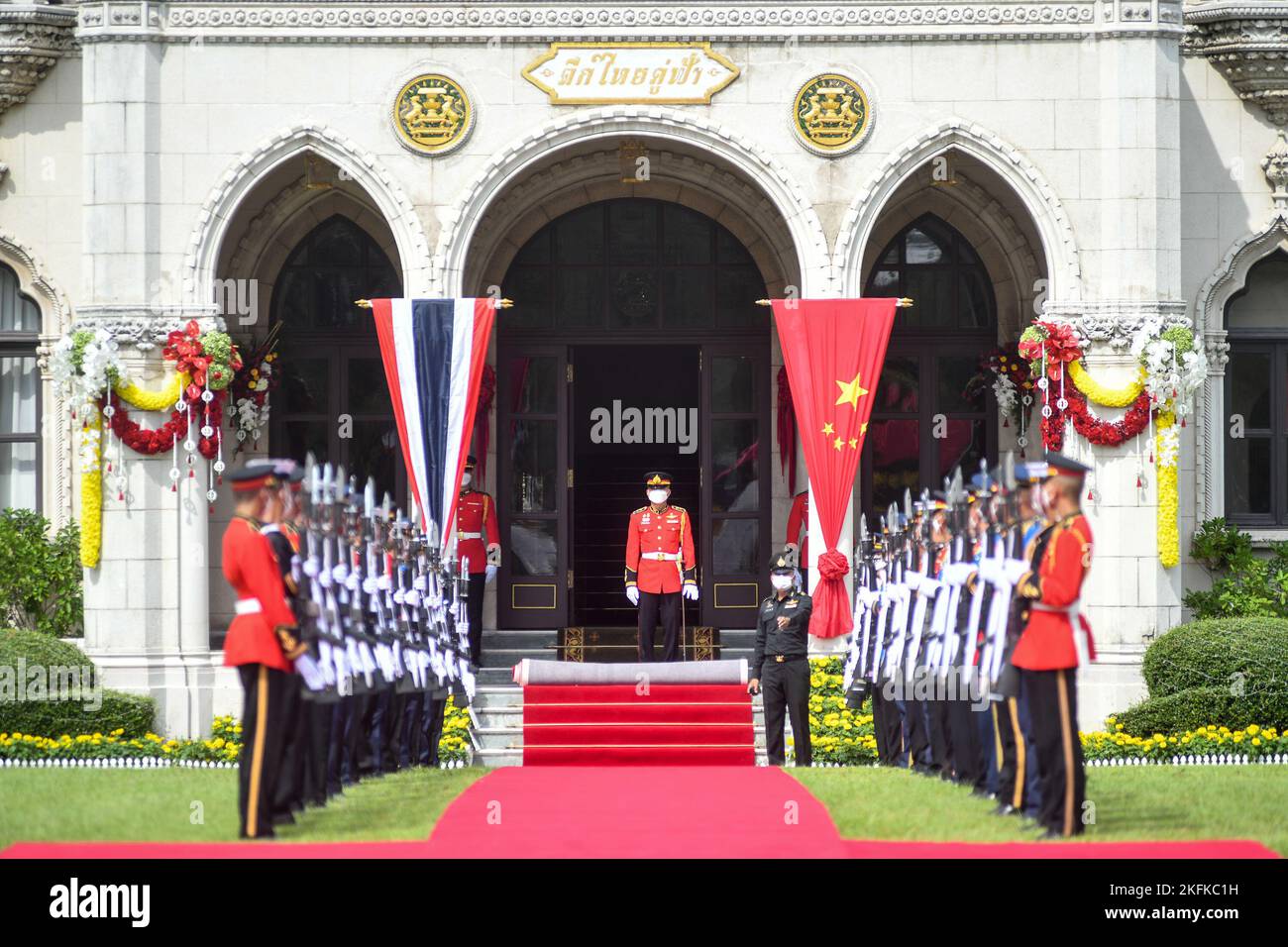 Soldiers line up for a welcome rehearsal before the arrival of Xi ...