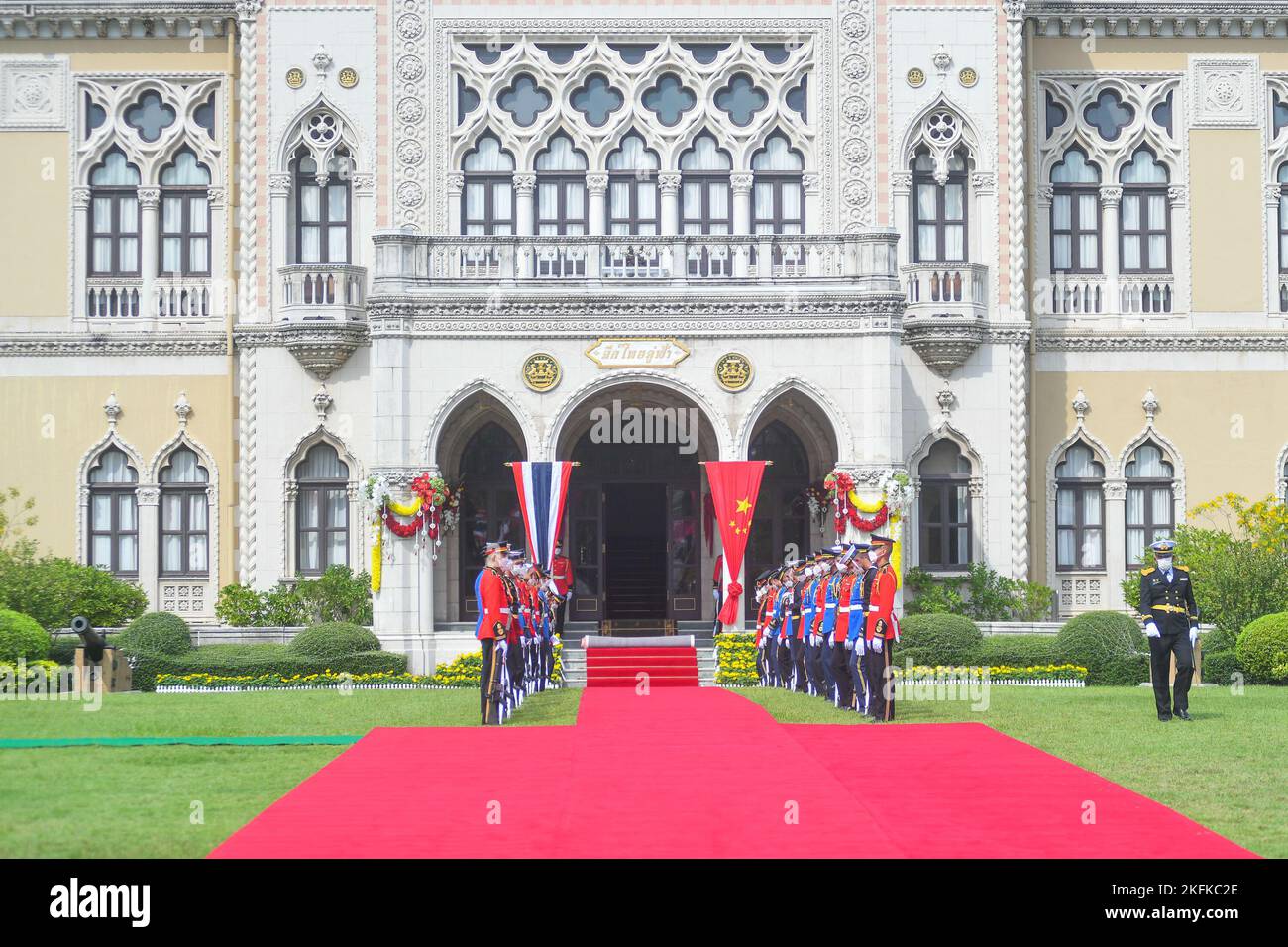 Soldiers line up for a welcome rehearsal before the arrival of Xi ...