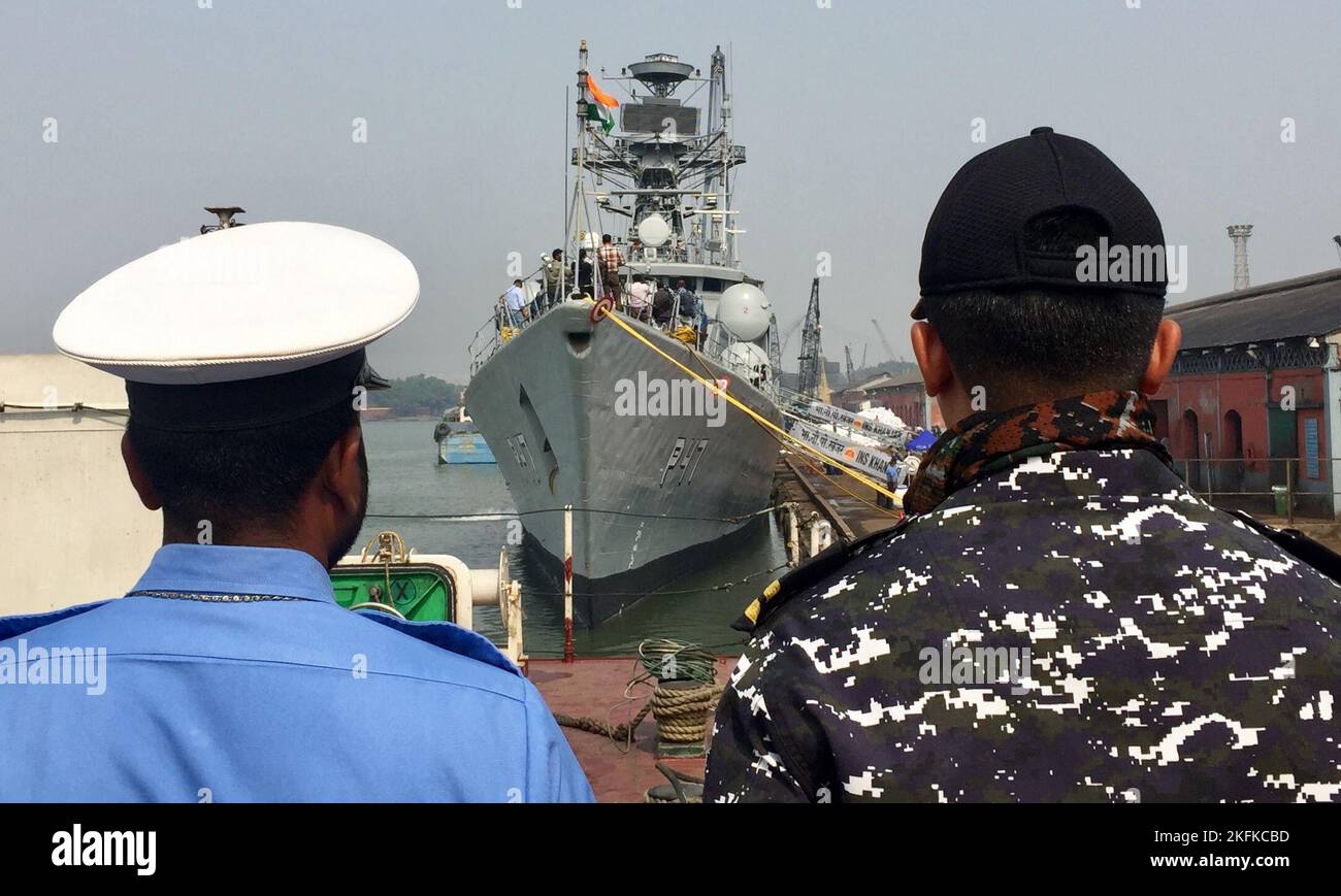 The INS (Indian Naval Ship) Khanjar, a guided missile corvette, docked ...