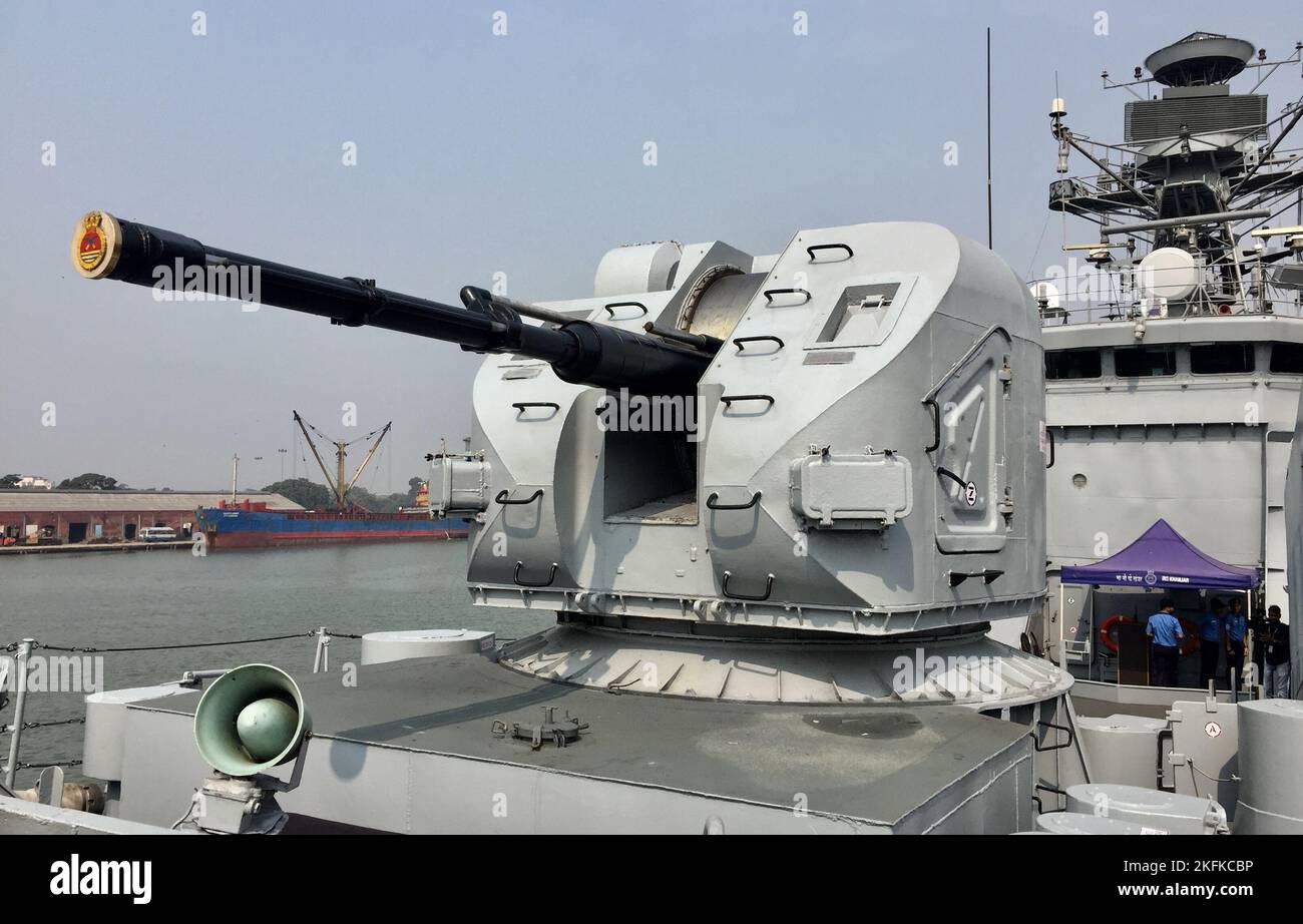 The INS (Indian Naval Ship) Khanjar, a guided missile corvette, docked ...