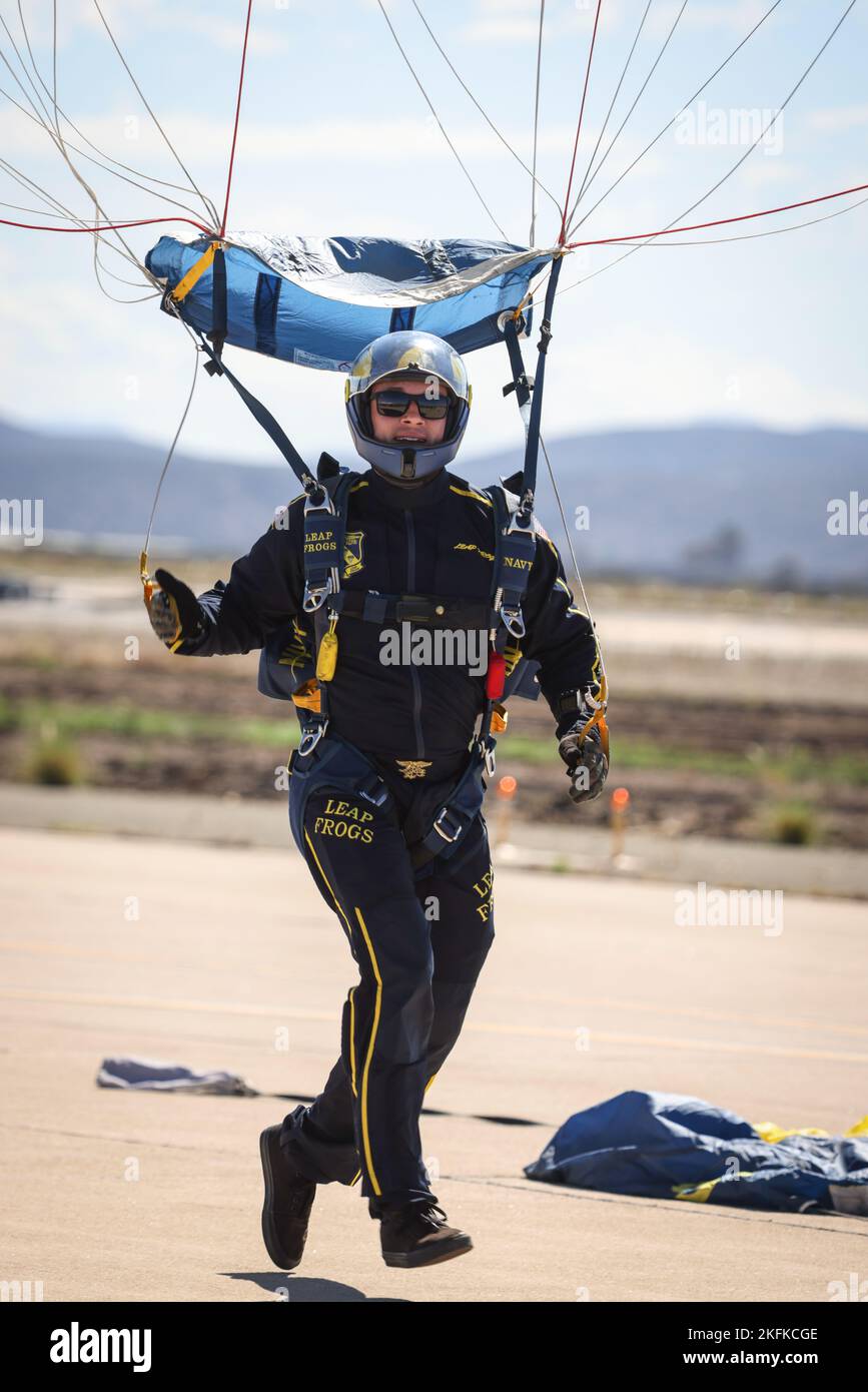 A member of the U.S. Navy Parachute Team, nicknamed the Leap Frogs ...