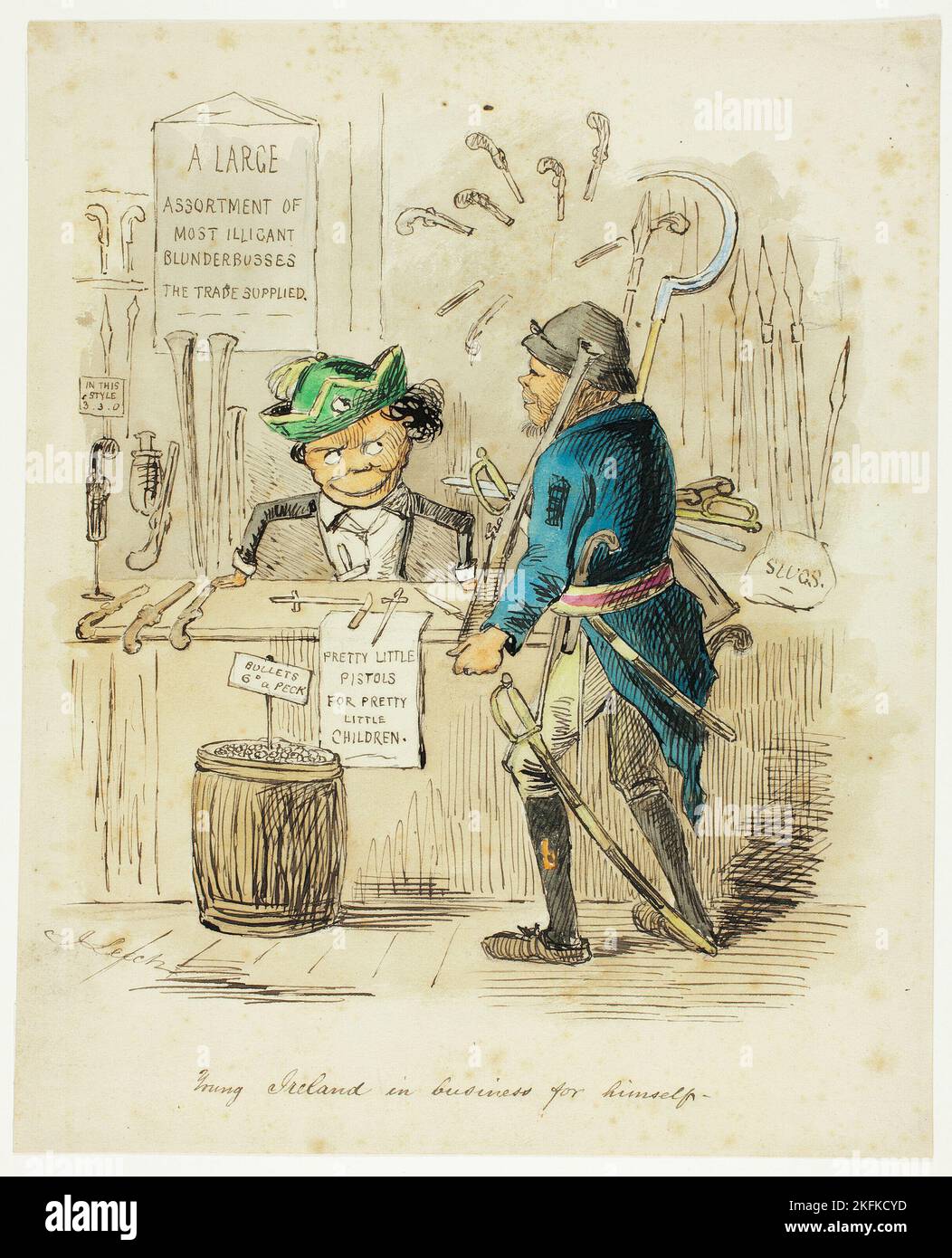 Young Ireland in Business for Himself, 1850/59. Shop selling weapons ...