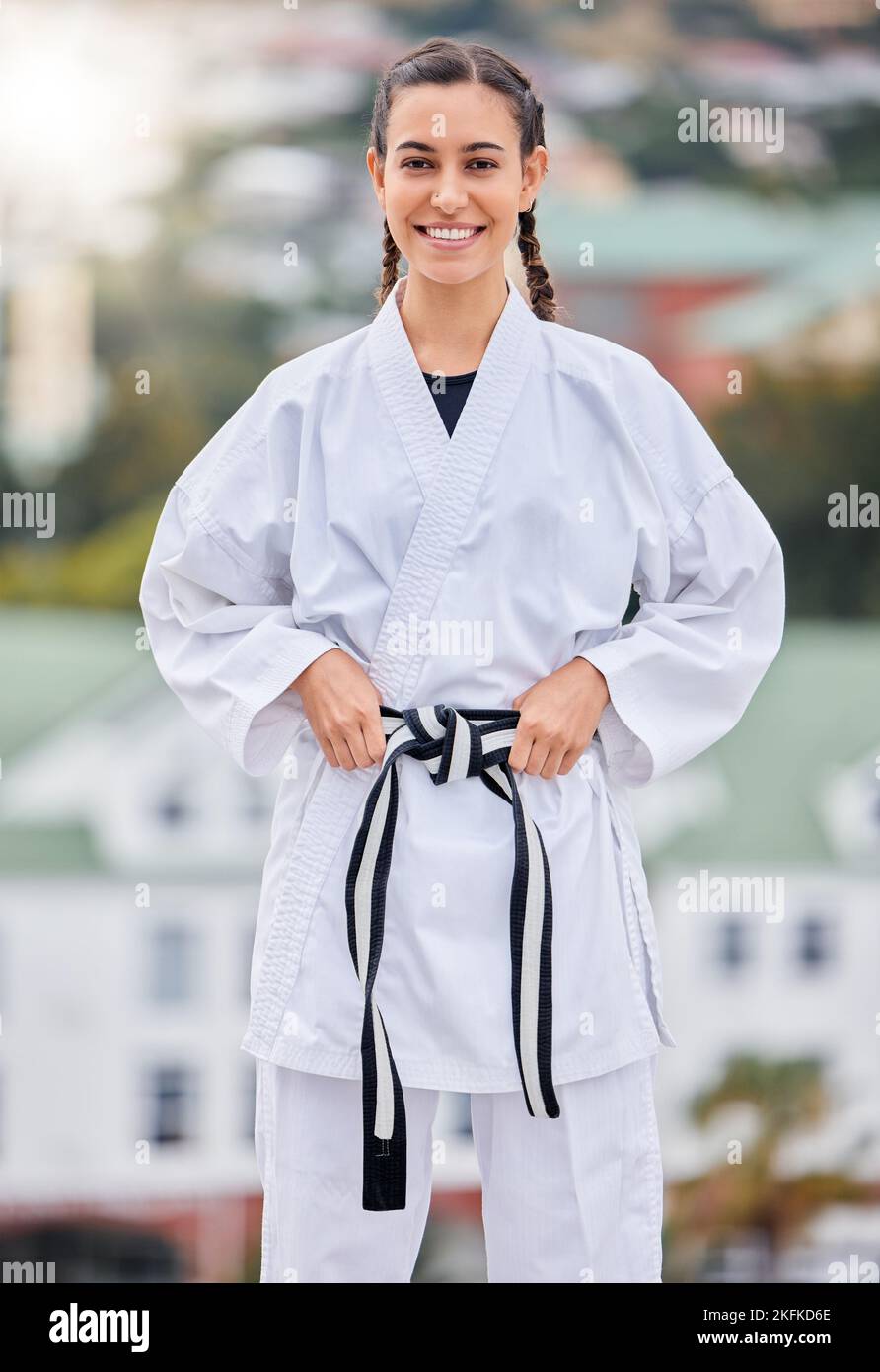 Woman, karate and smile in outdoor portrait with happiness for training ...